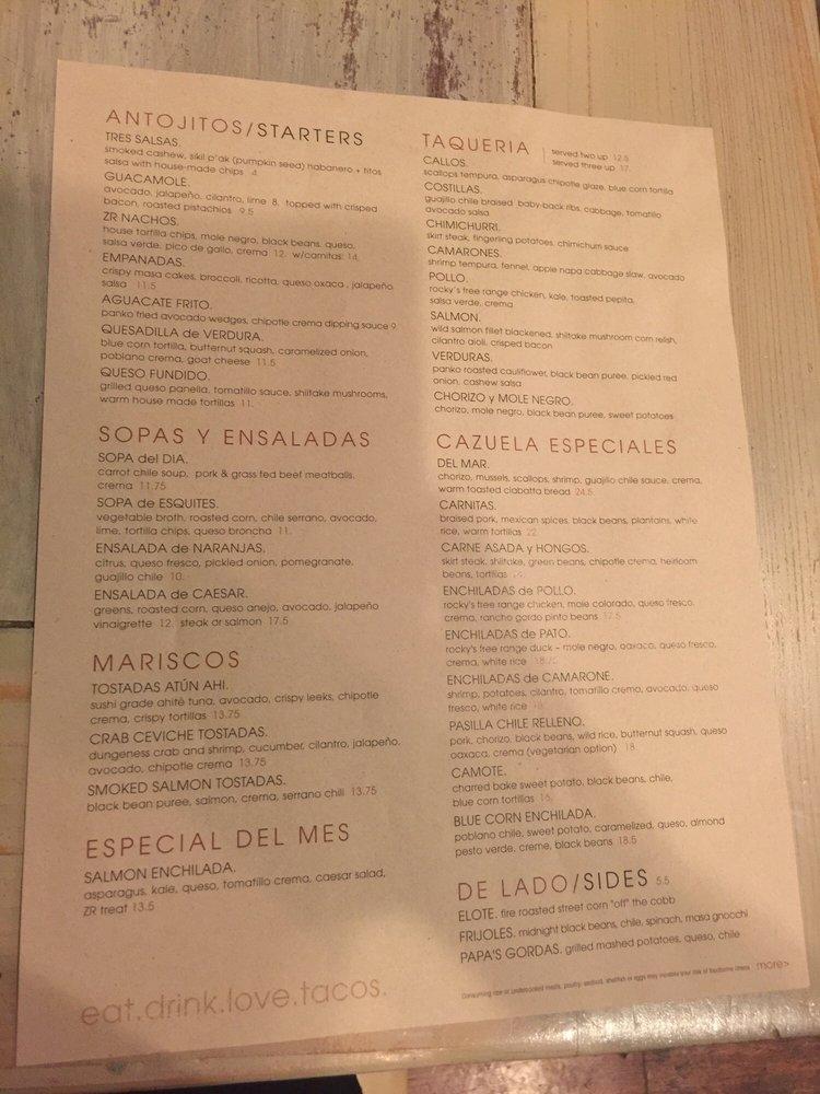 Menu at Zona Rosa restaurant, Los Gatos