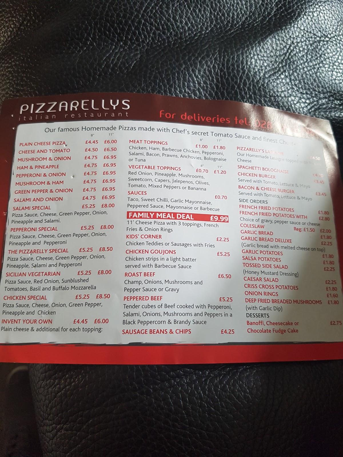 Menu at Pizzarellys restaurant, Lisburn