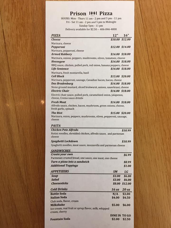 Menu at Prison Pizza pizzeria, Deer Lodge