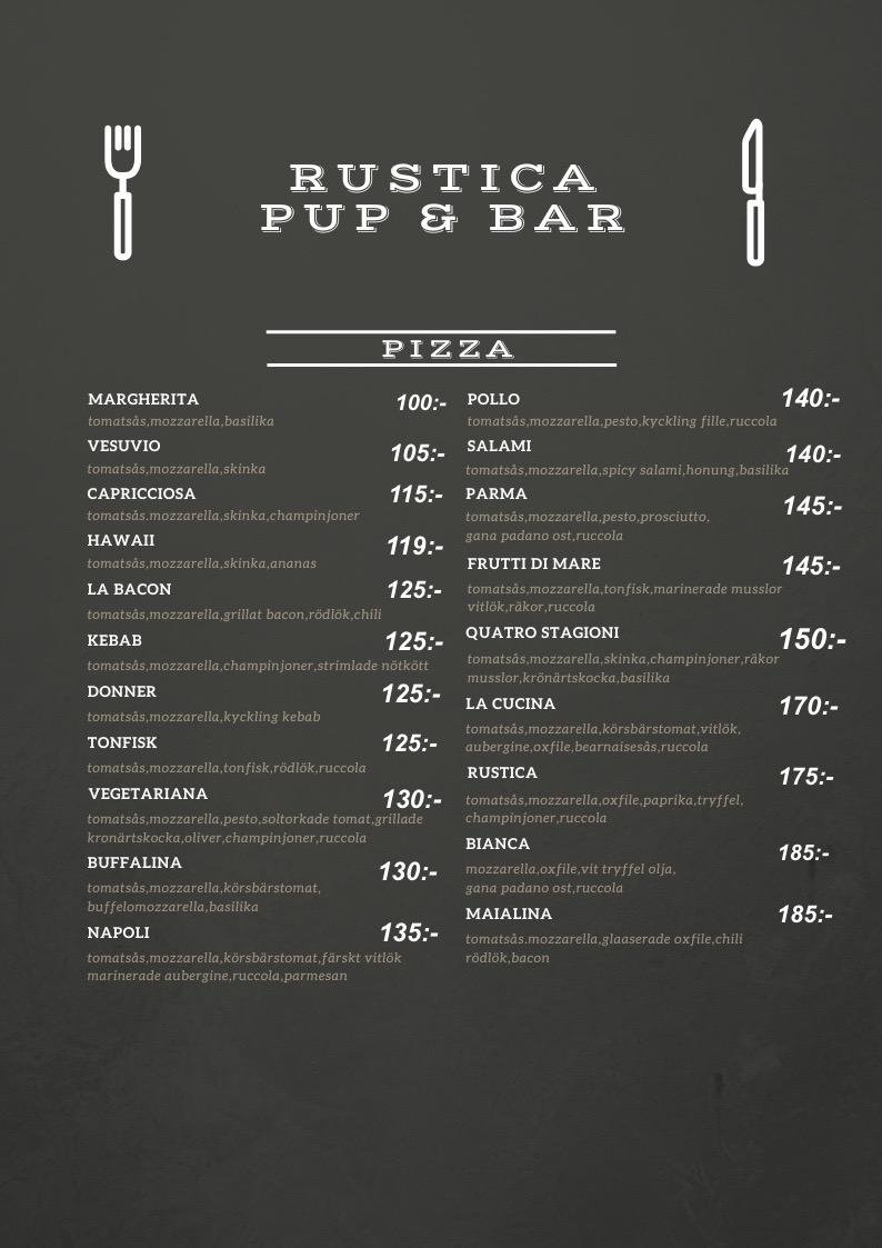 Menu at Restaurang Rustica restaurant, Lidköping