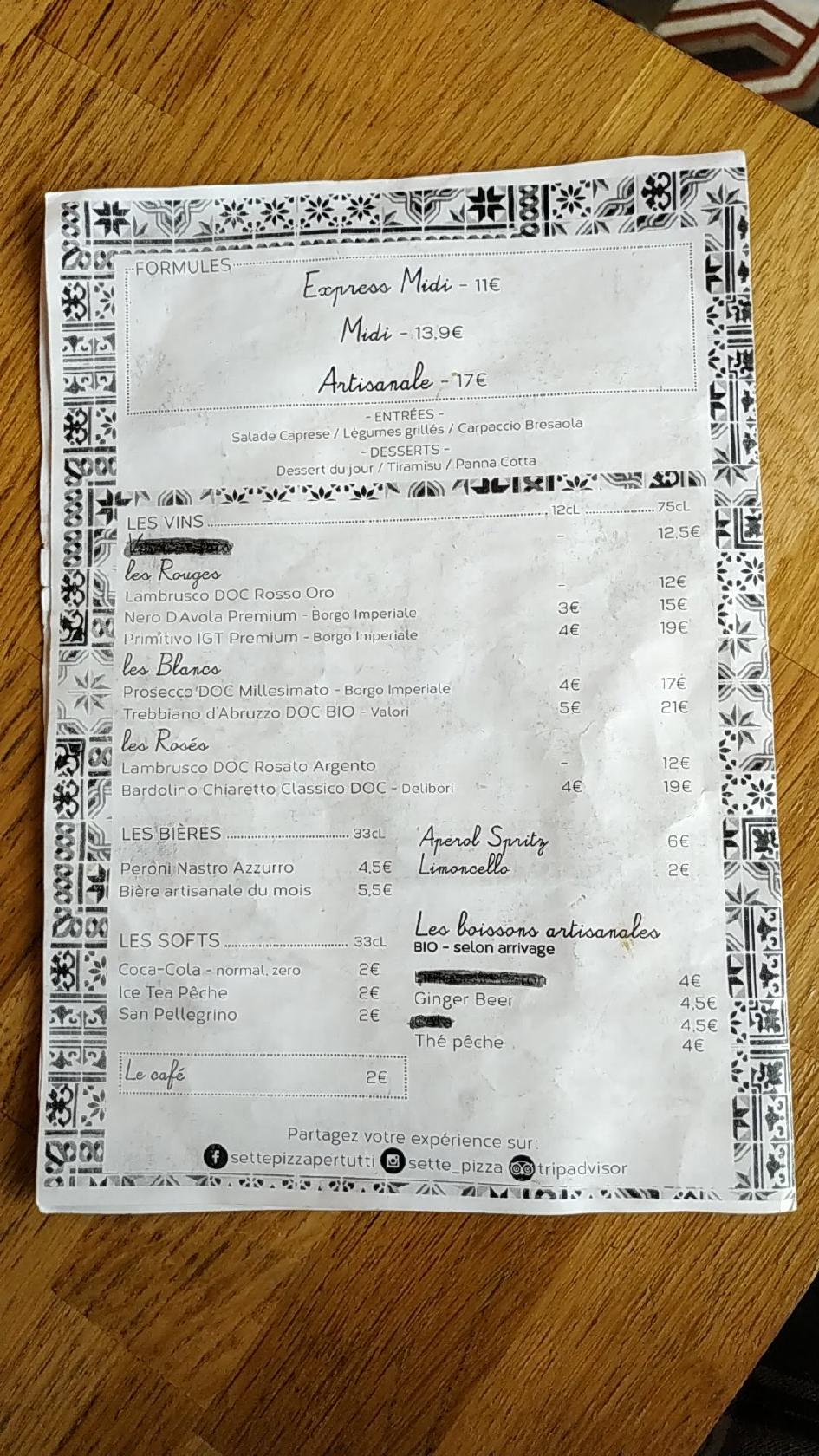 Menu at Sette Pizza pizzeria, Paris, 38 Rue du Faubourg Saint-Denis