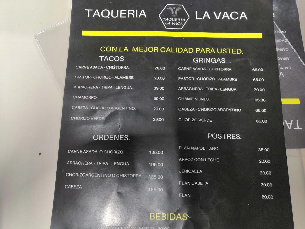 Menu at Taquería La Vaca restaurant, Guadalajara