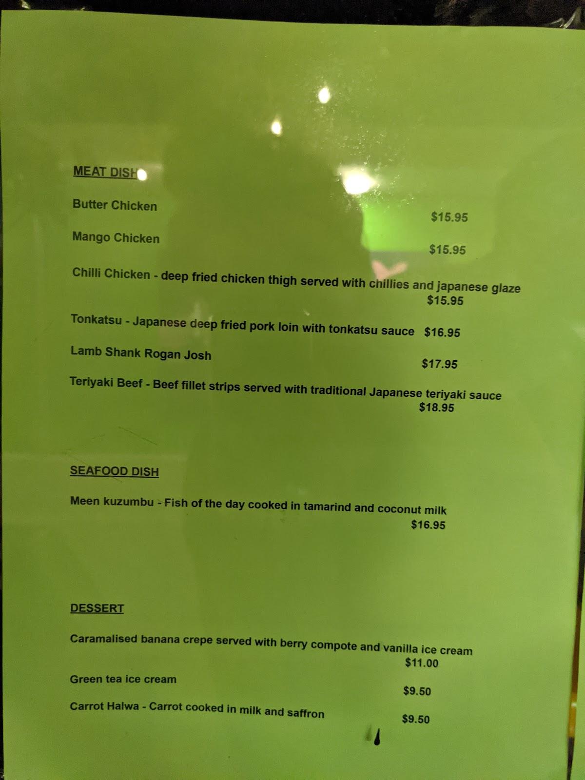 Menu at Three donkeys restaurant, Christchurch