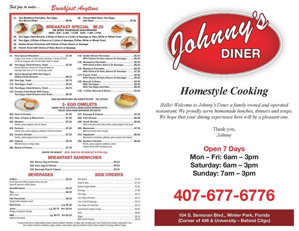Menu at Johnny's Diner restaurant, Winter Park