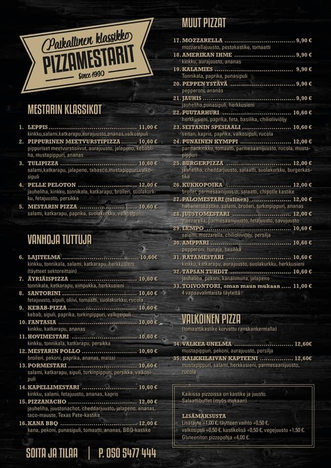 Menu at Pizzamestarit pizzeria, Nokia, Välikatu 14