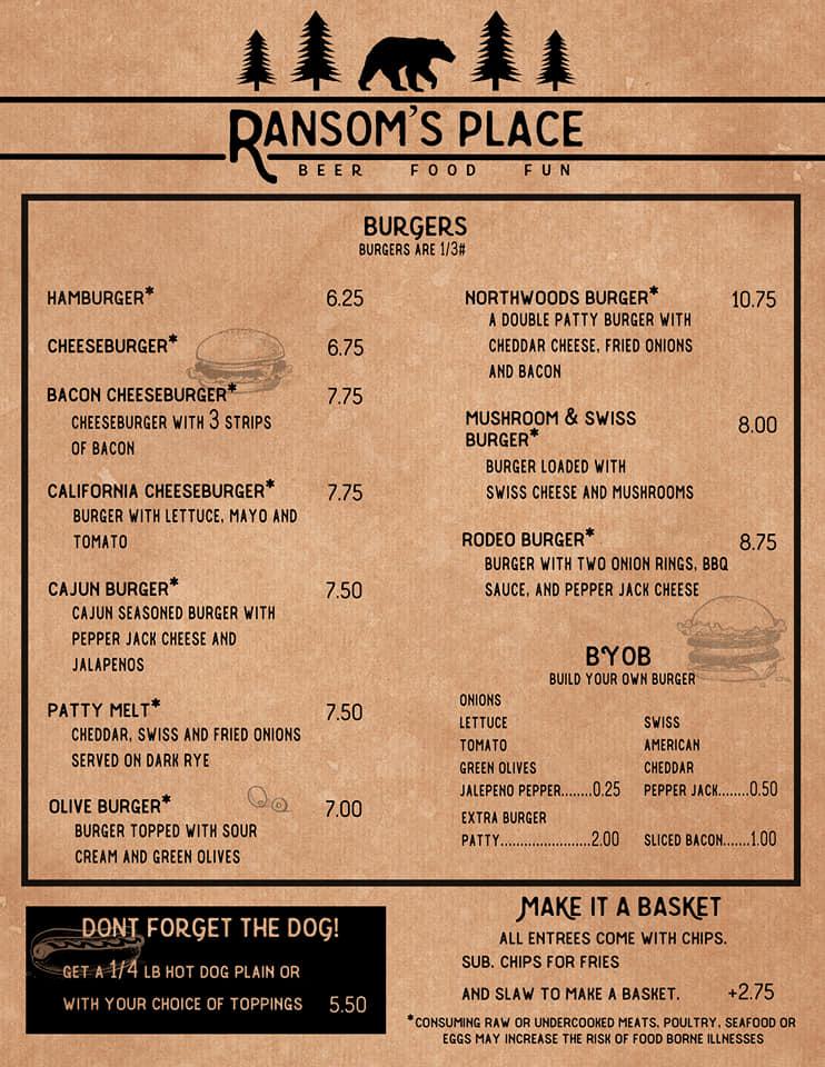Menu at Ransom's Place pub & bar, Clam Lake