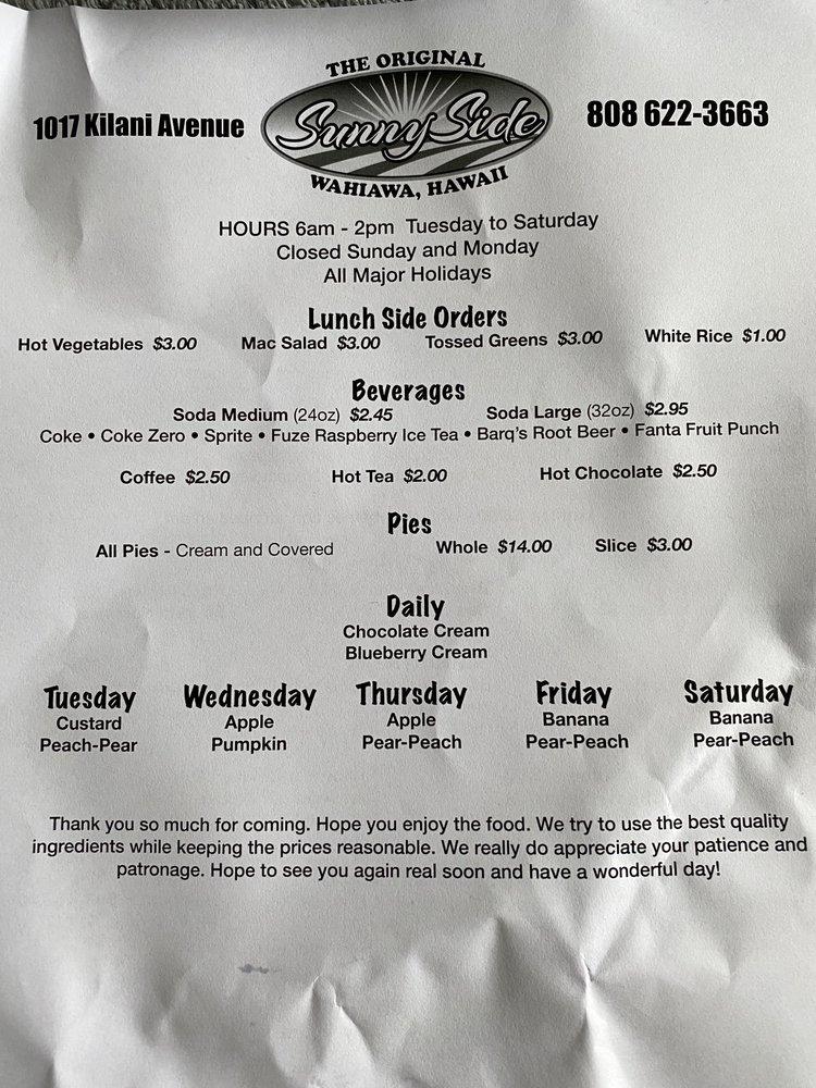 Menu at Sunnyside restaurant, Wahiawa