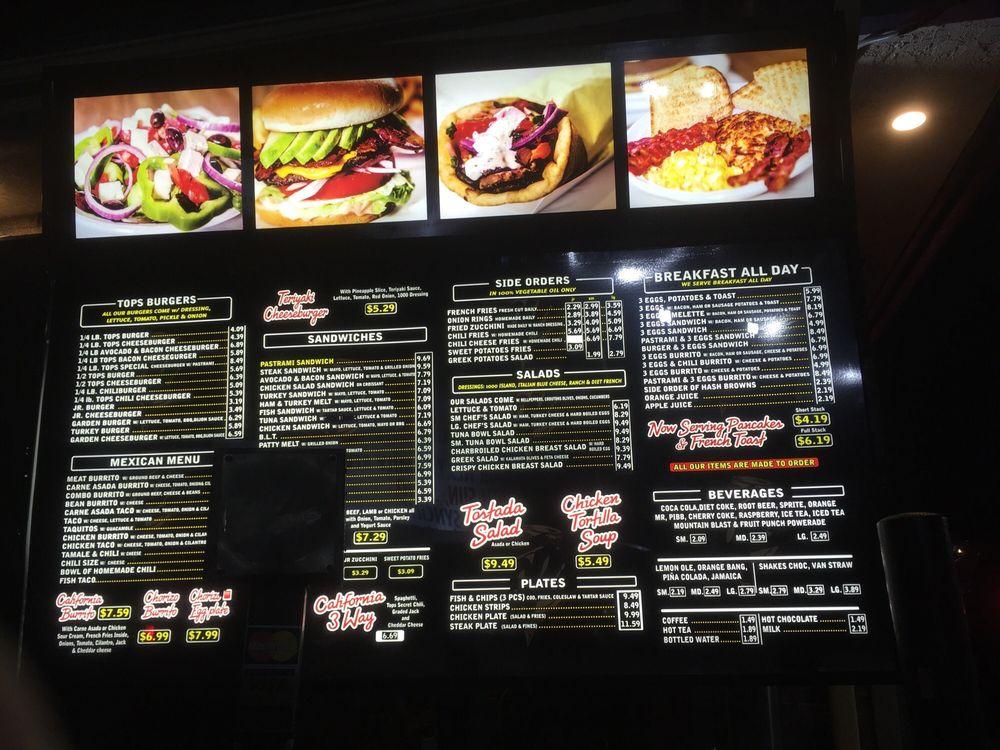 Menu at Tops fast food, Pasadena, E Walnut St