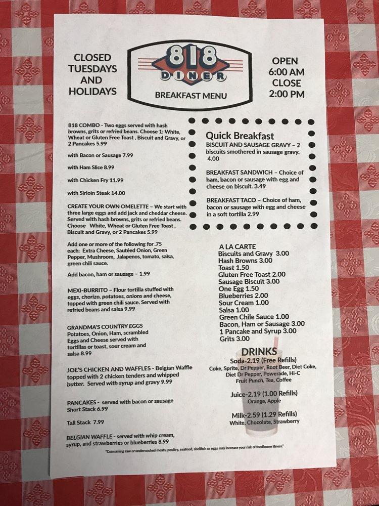Menu at 818 Diner restaurant, Alva