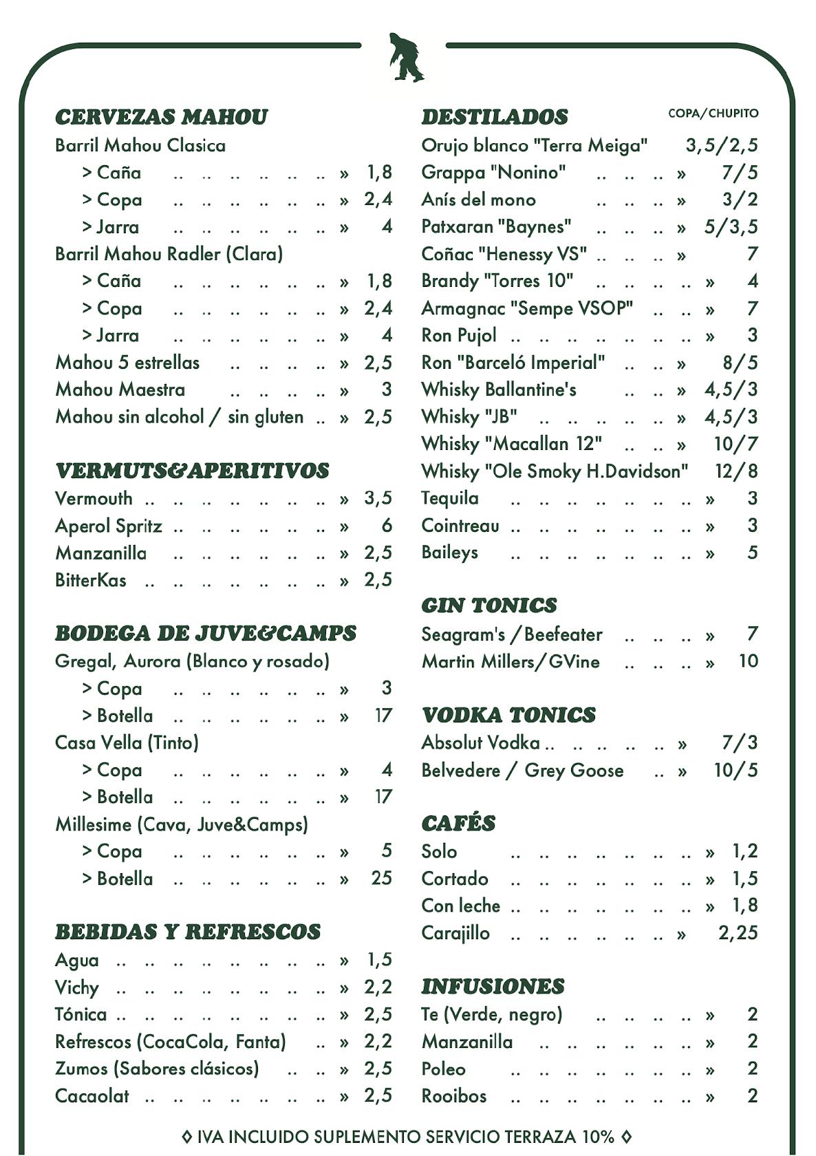 Menu at Bar Yeti "El albondigable", Barcelona