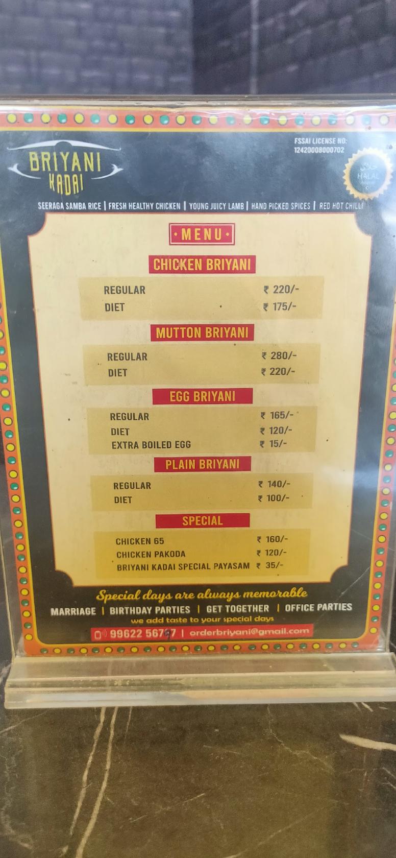 Menu at Briyani Kadai, Chennai, Briyani Kadai