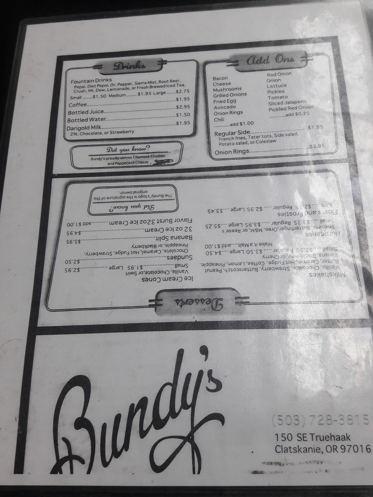 Menu at Bundy's Cafe Drive-In, Clatskanie
