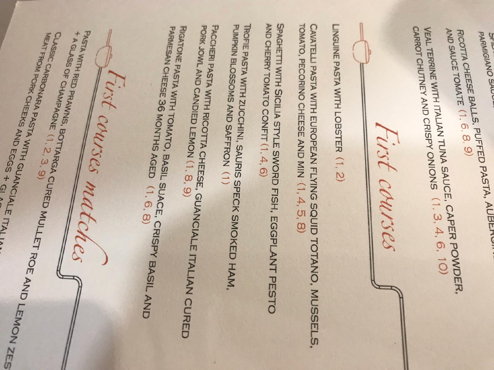 Menu at Culinaria restaurant, Rome