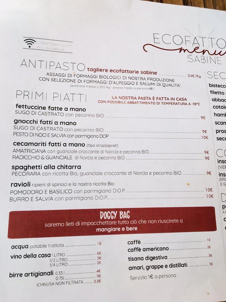 Menu at Ecofattorie Sabine BBQ, Poggio Mirteto Scalo