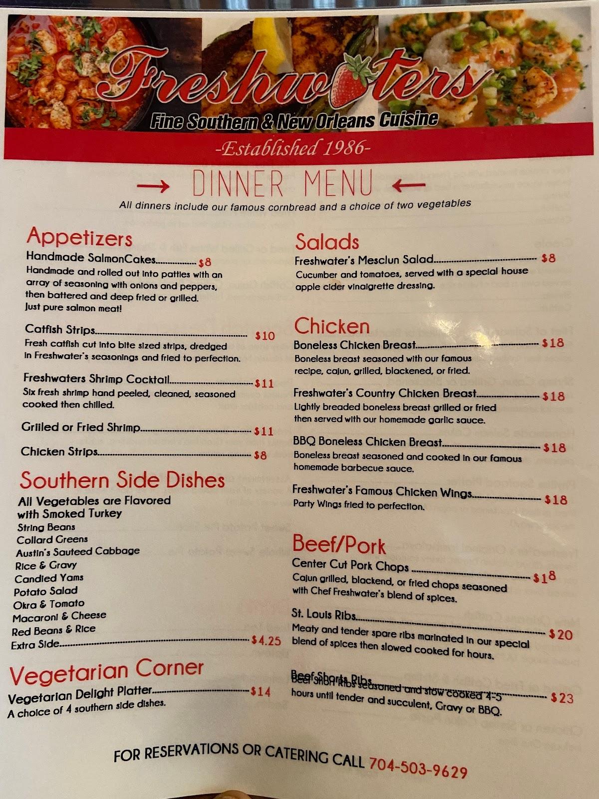 Menu at Freshwaters Southern New Orleans restaurant, Charlotte