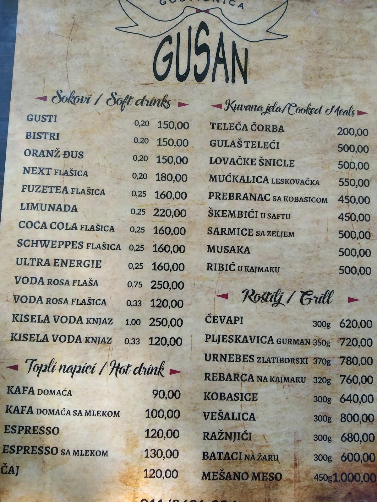 Menu at Gusan Tavern restaurant, Belgrade