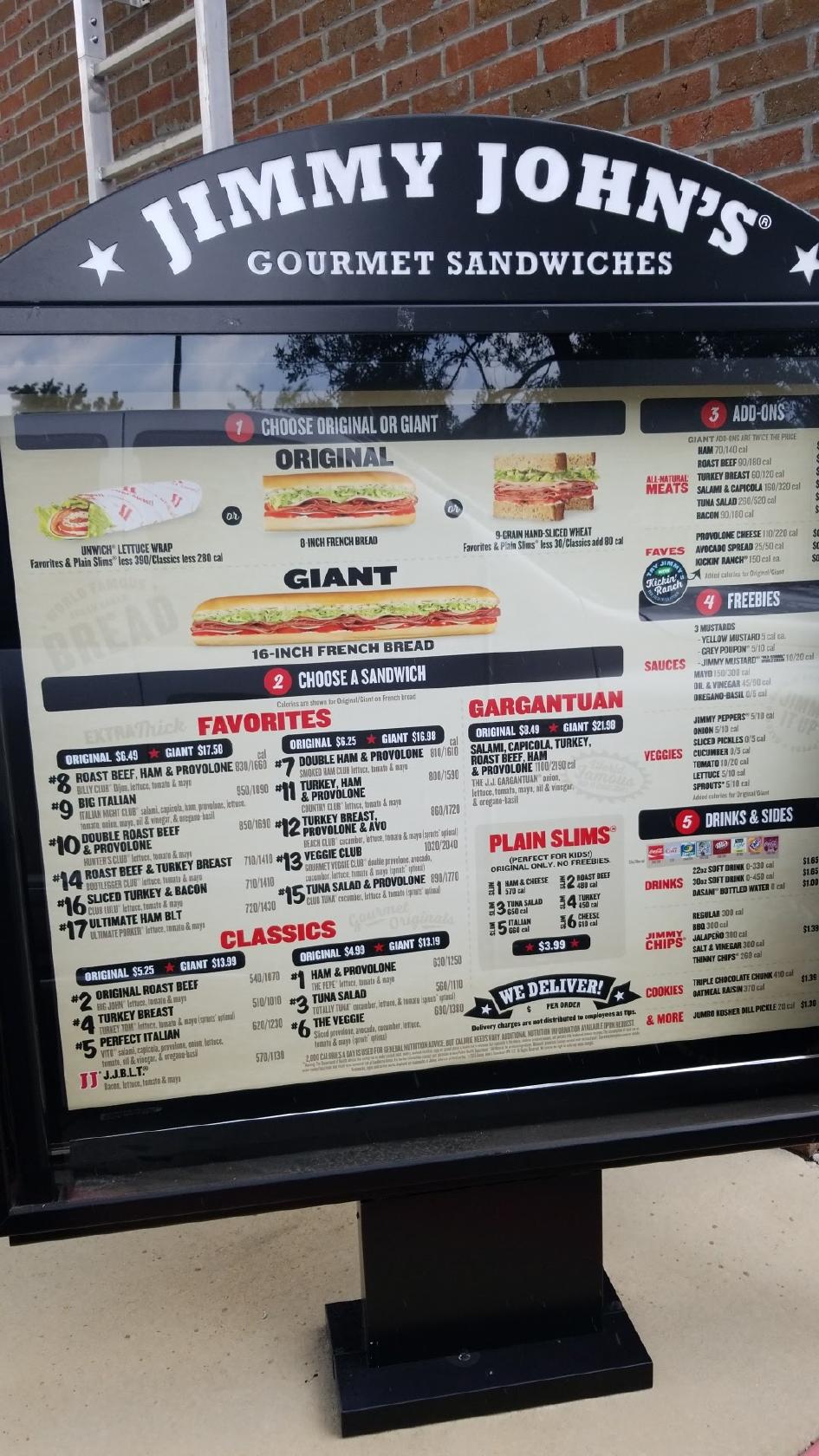 Menu at Jimmy John's fast food, Montgomery, Carter Hill Rd