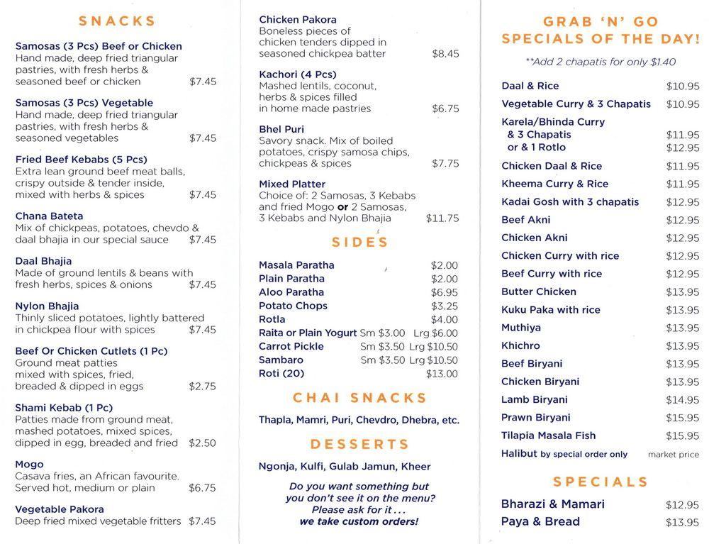Menu at Kilimanjaro Snack House & Catering restaurant, Vancouver