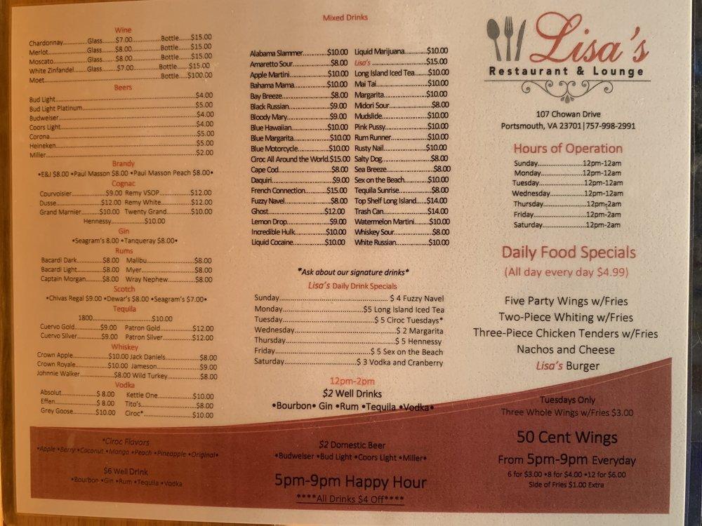 Menu at Lisa's Restaurant and Lounge, Portsmouth