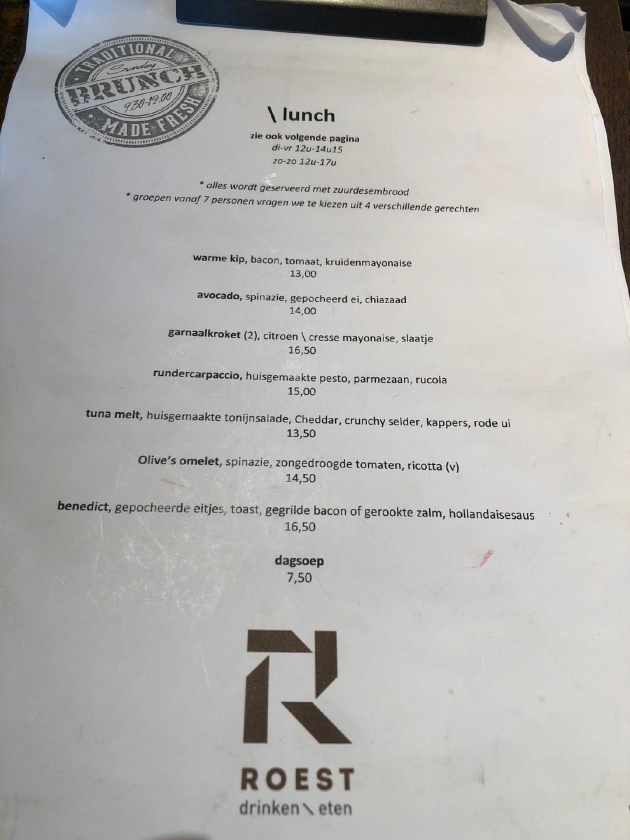 Menu at Roest, Antwerp