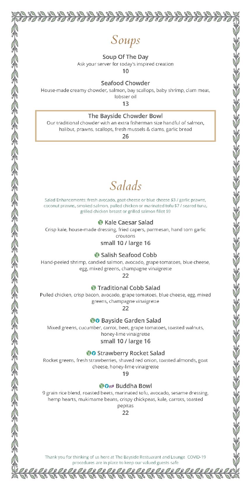 Menu at The Bayside Oceanfront Resort restaurant, Parksville