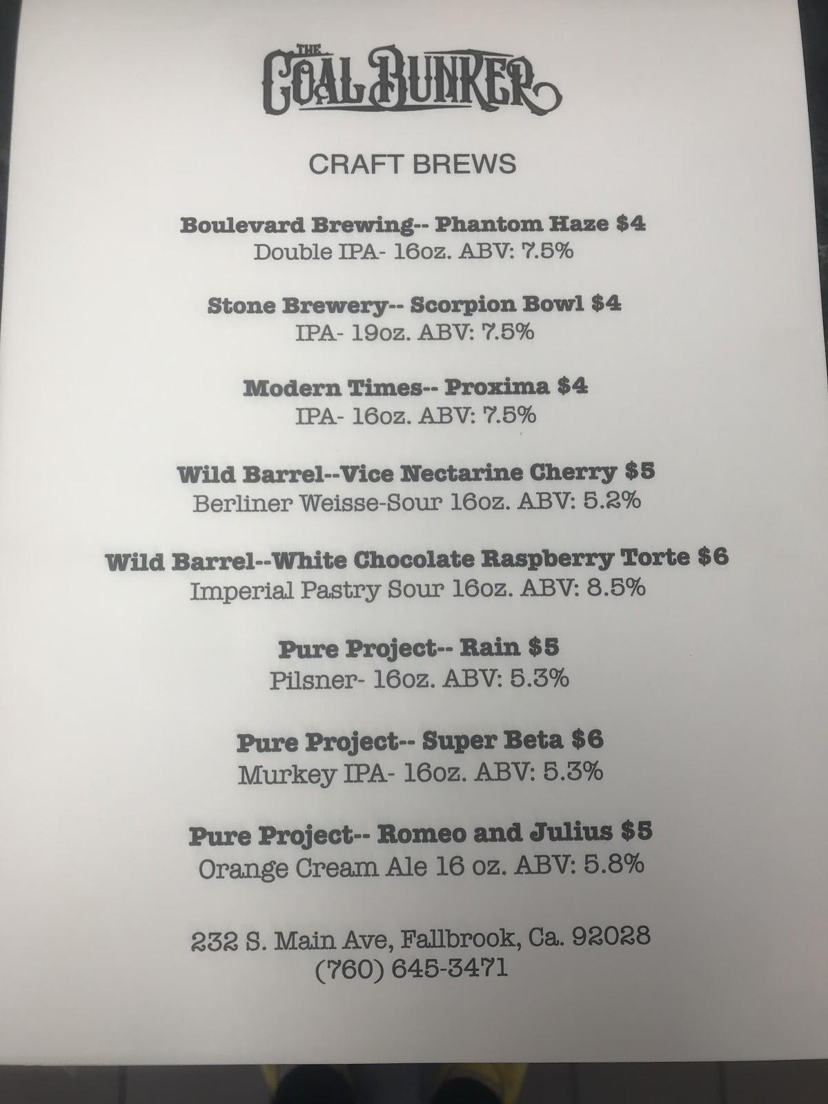 Menu at The Coal Bunker pub & bar, Fallbrook