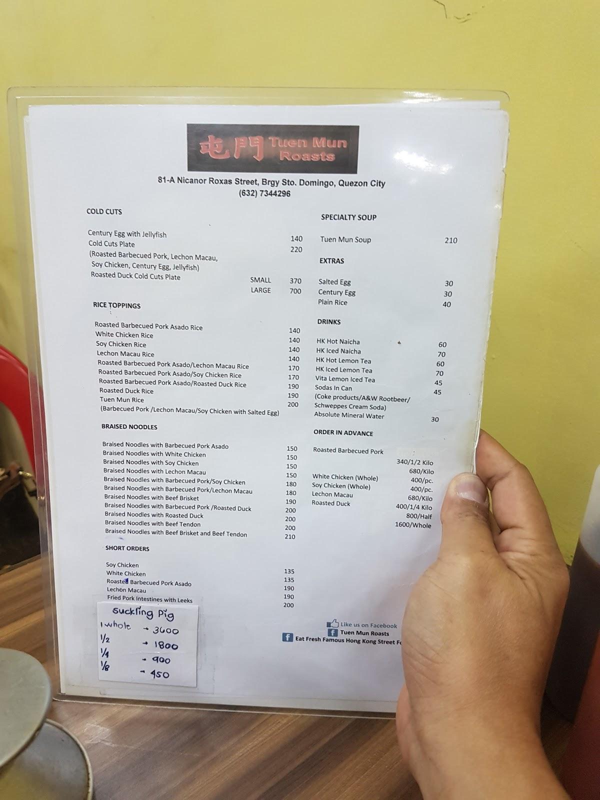 Menu at Tuen Mun Roasts restaurant, Quezon City