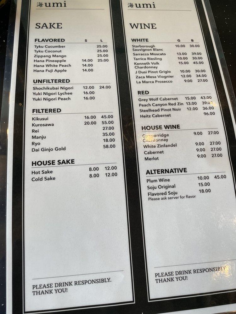 Menu at Umi Sushi & Sake restaurant, Morro Bay