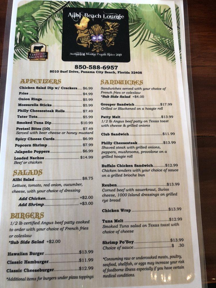 Menu at The Alibi Beach Lounge & Grill pub & bar, Panama City Beach