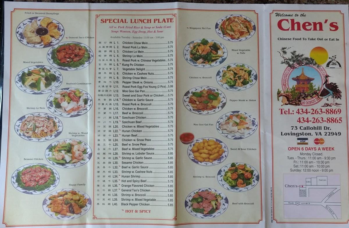 Menu at Chen's restaurant, Lovingston, 73 Callohill Dr
