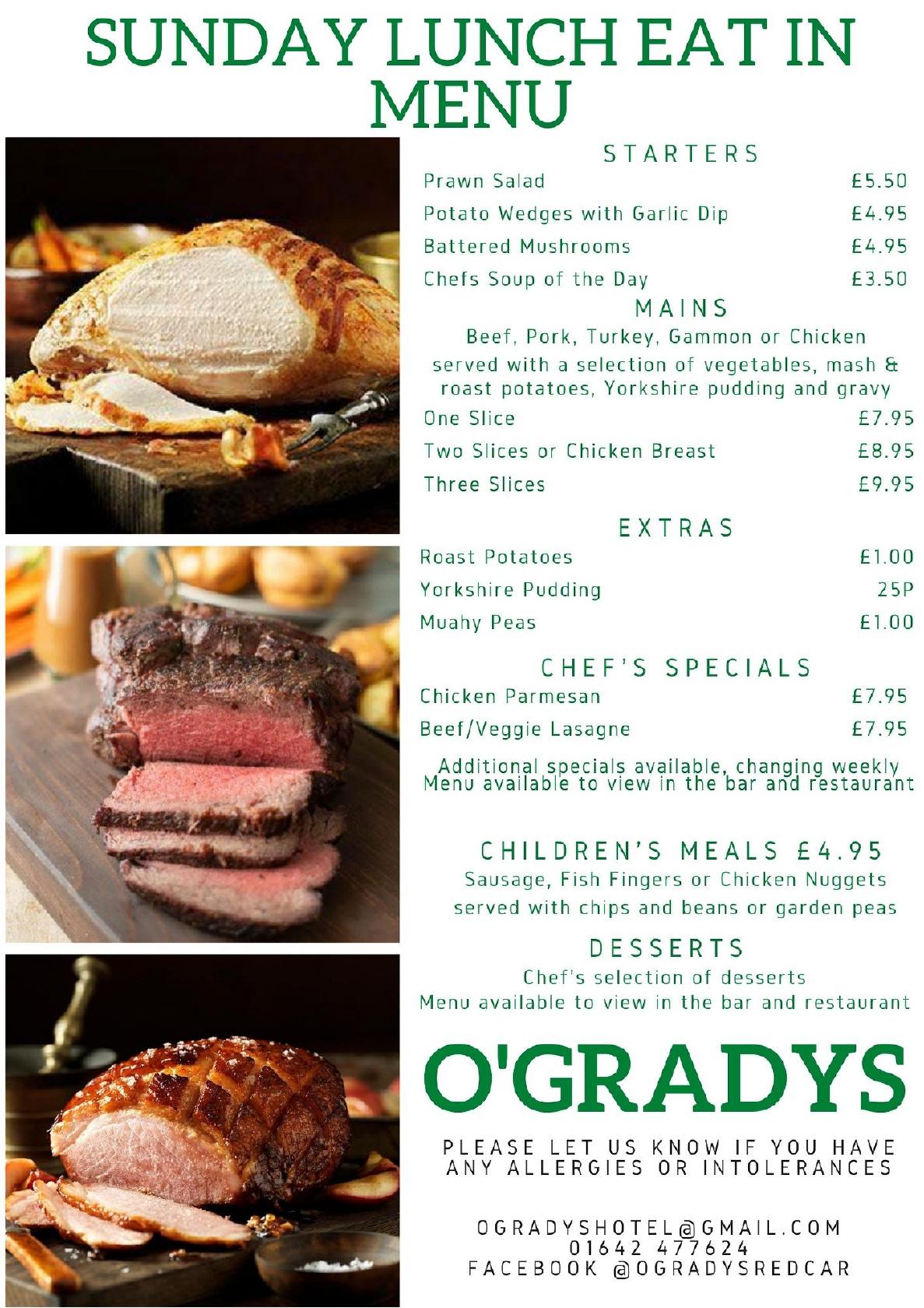 Menu at O'Gradys Hotel pub & bar, Redcar