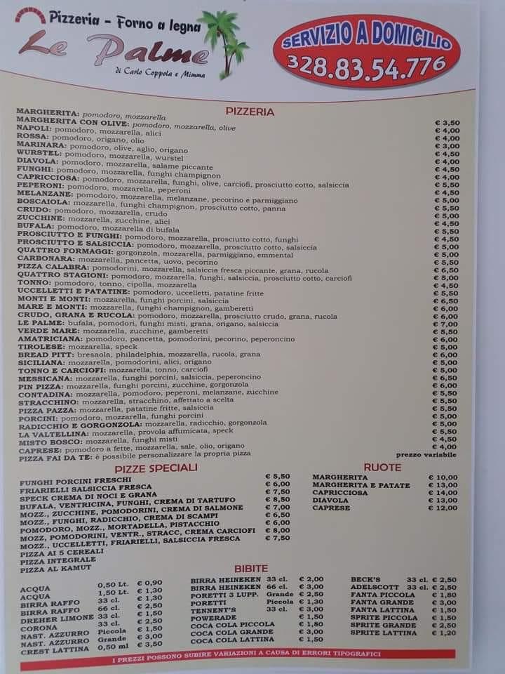 Menu at Pizzeria Le Palme, Taranto