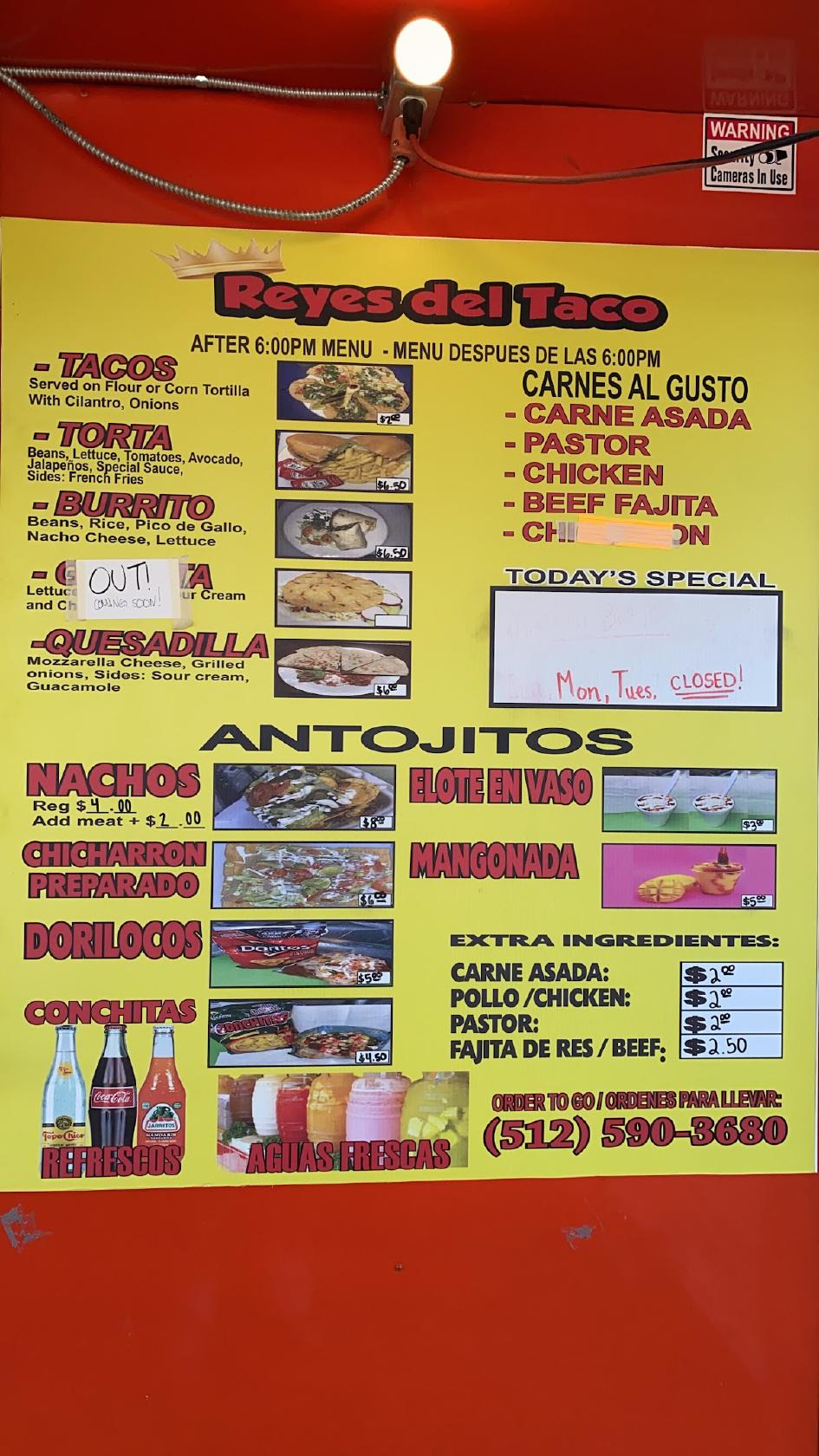 Menu at Reyes Del Taco restaurant, Garfield