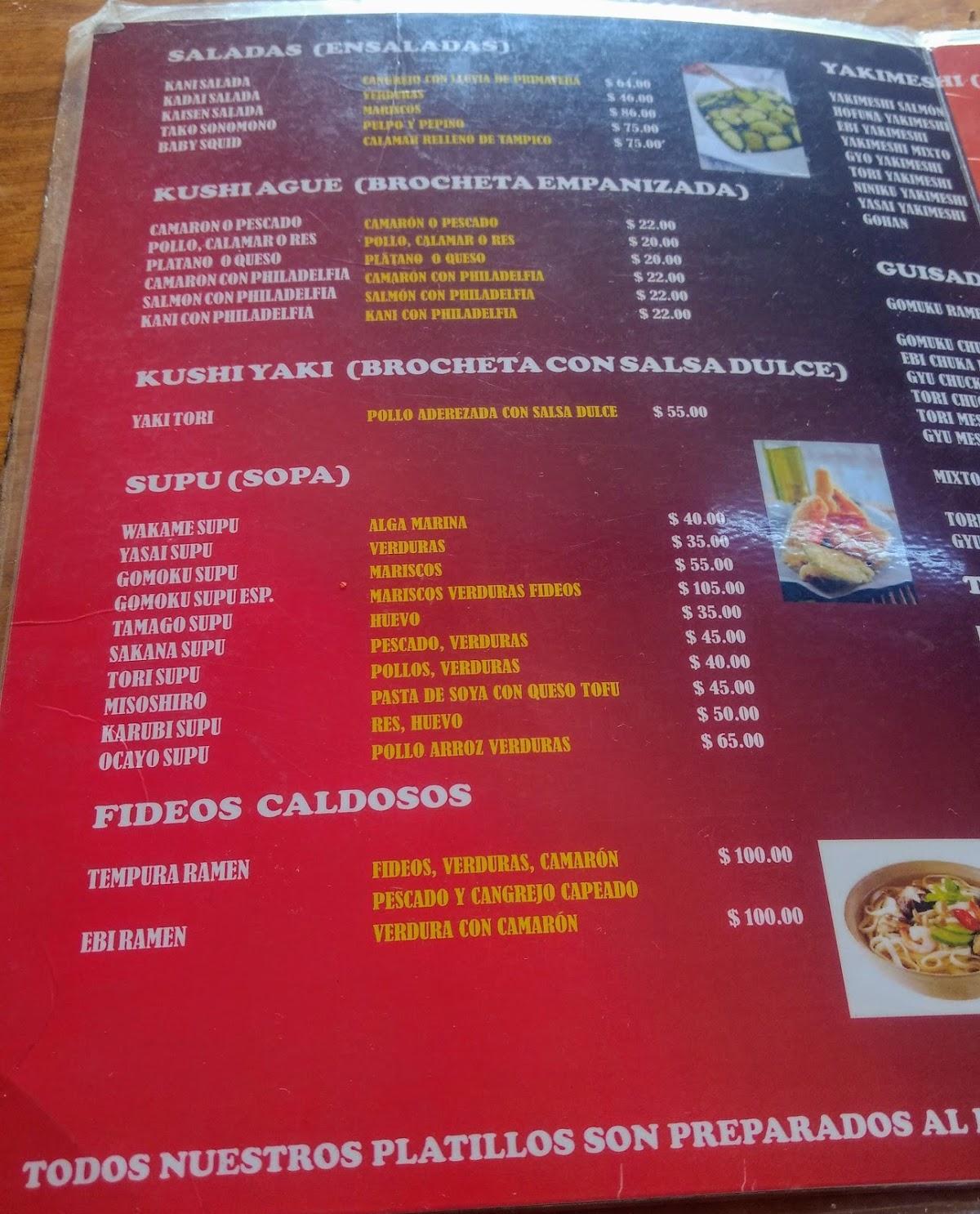 Menu at Sushi Gohan restaurant, Mexico City, Fernando Ramírez 48