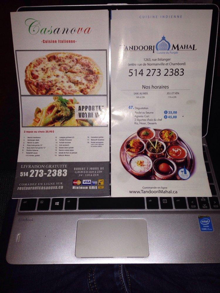 Carta de Tandoori Mahal Restaurant Indien, Montréal, Rue Bélanger