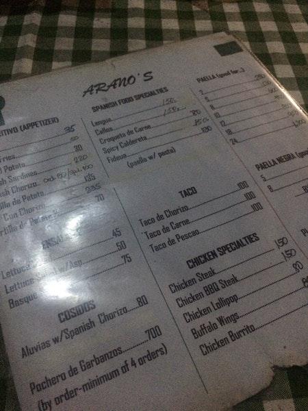Menu at Arano's Bar and Restaurant, Cebu City, 29-31 Fairlane Village Rd