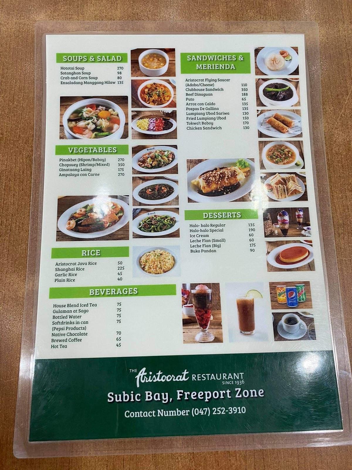 Menu at The Aristocrat Restaurant - Subic, Subic Bay Freeport Zone