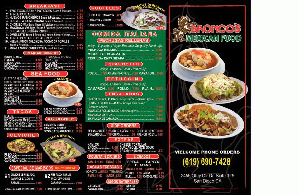 Menu at Bronco's Mexican Food restaurant, San Diego