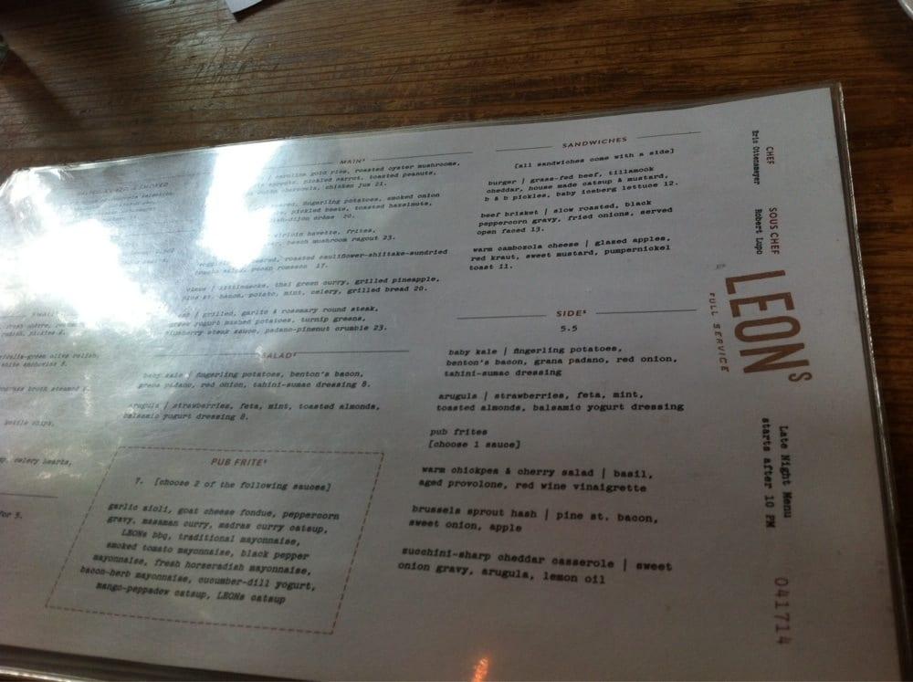 Menu at LEON's Full Service pub & bar, Decatur