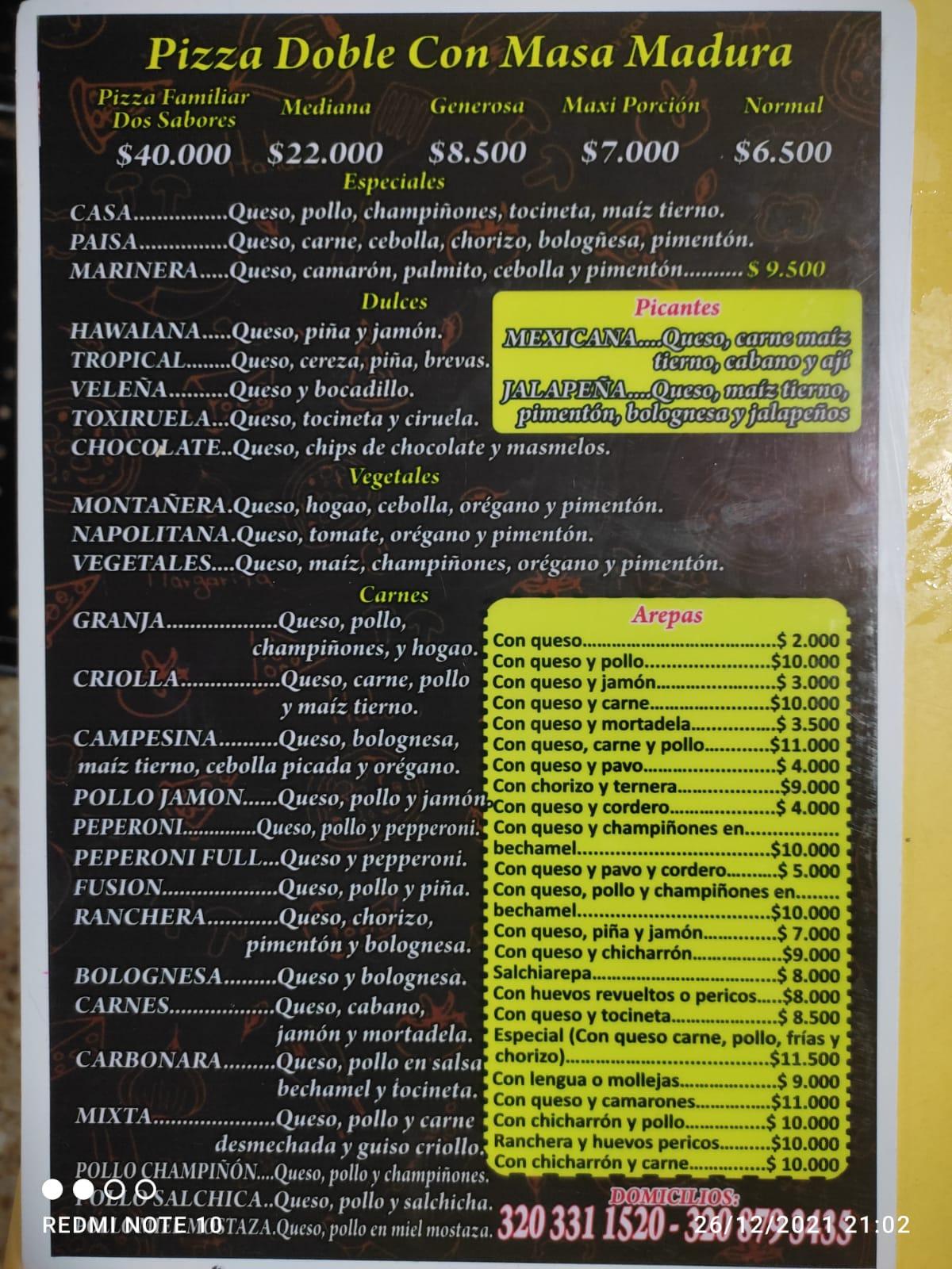 Carta de Mozzarellas pizzeria, Girardot