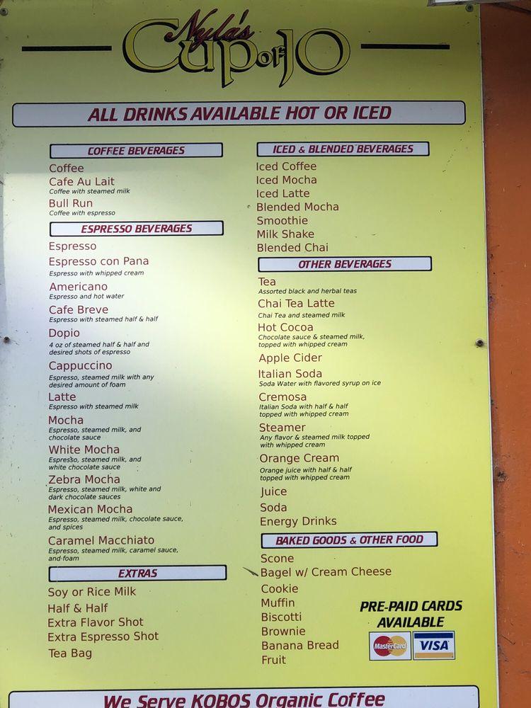Menu at Nyla's Cup of Jo, Lincoln City