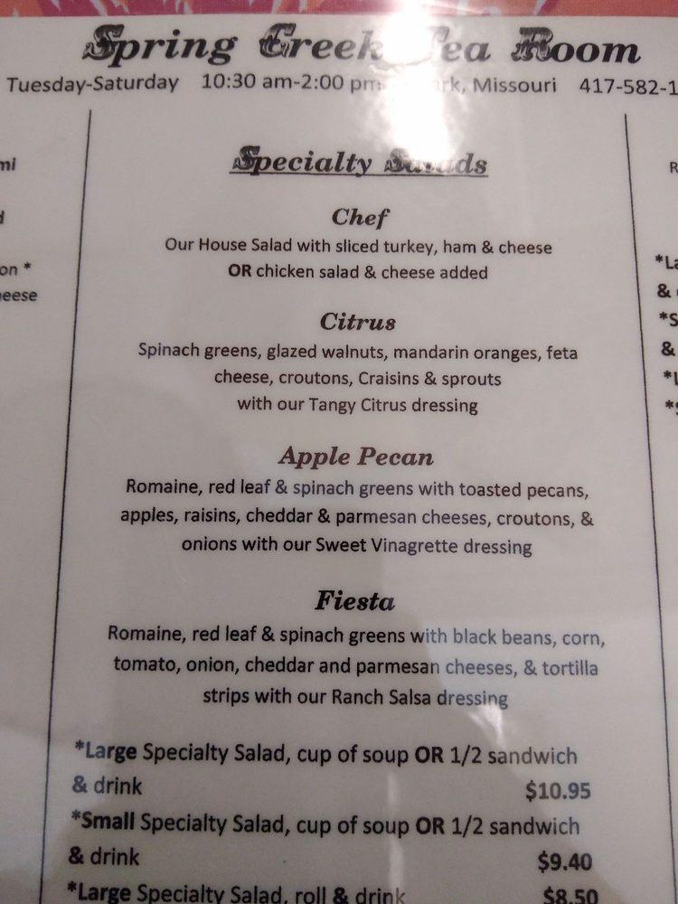 Menu at Spring Creek Tea Room restaurant, Ozark