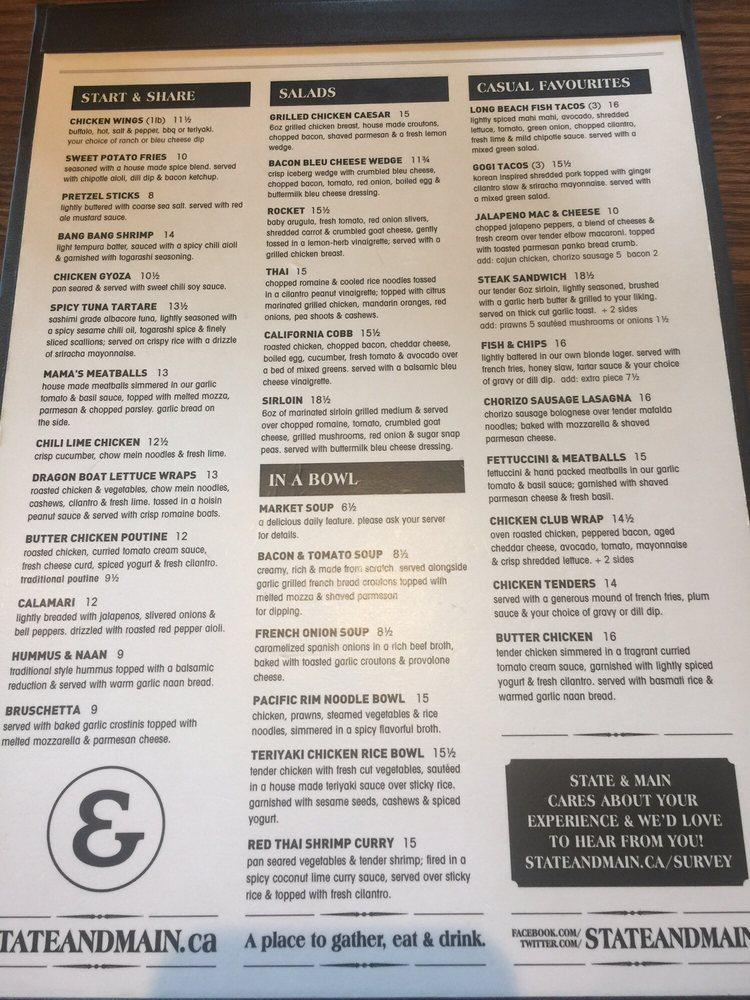 Menu au State & Main pub et bar, Kitchener
