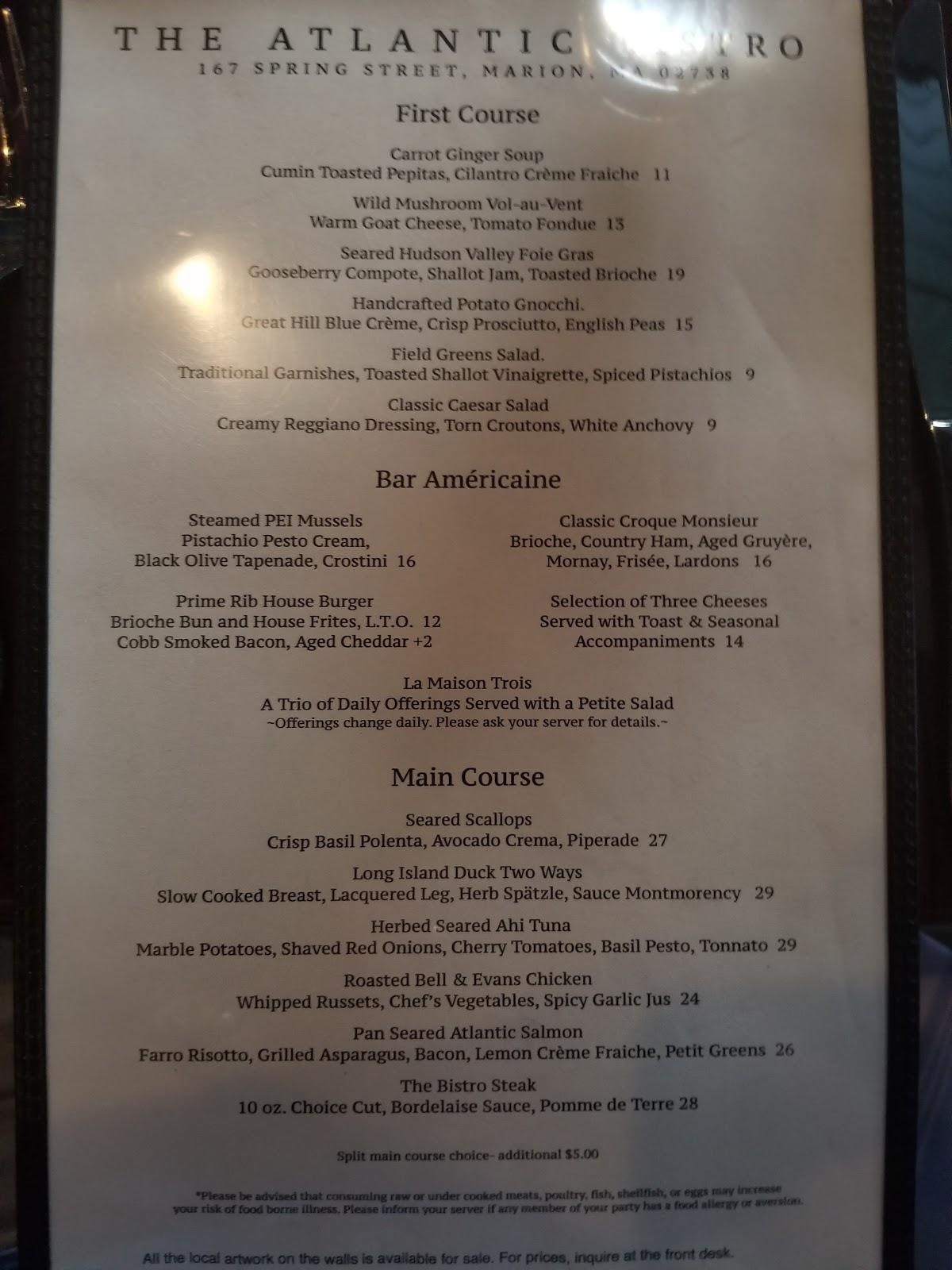 Menu at The Atlantic Bistro pub & bar, Marion