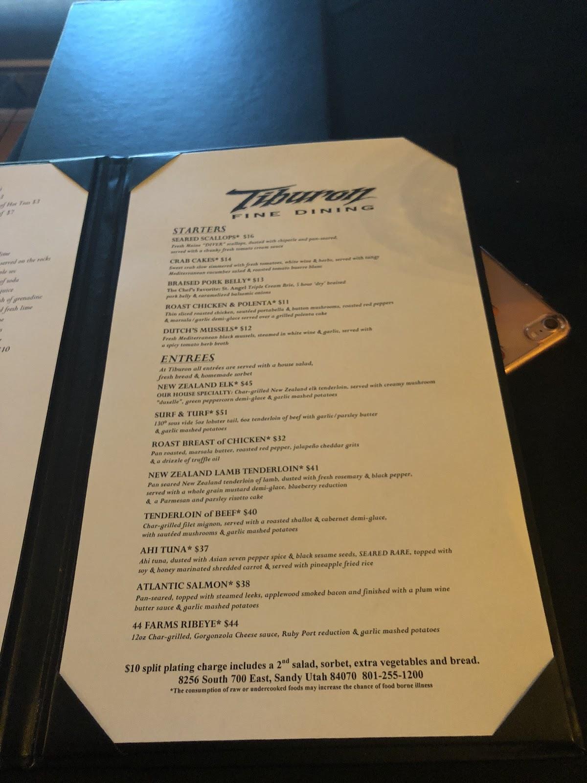 Menu at Tiburon restaurant, Sandy