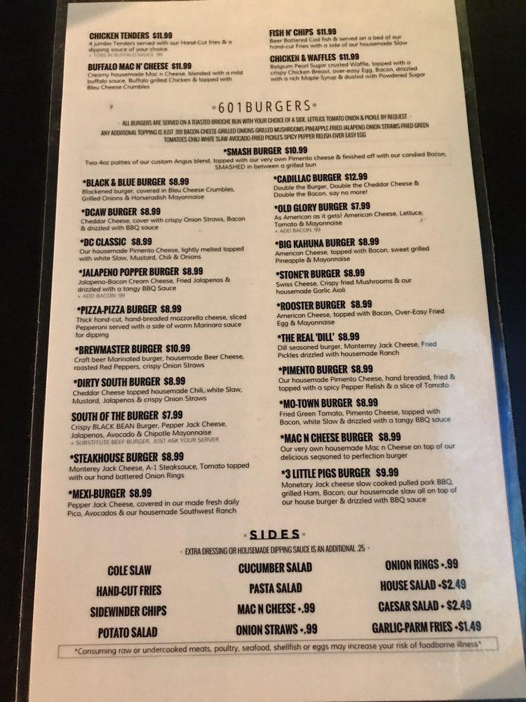 Menu at 601 BURGERS AND BREWS pub & bar, Mocksville