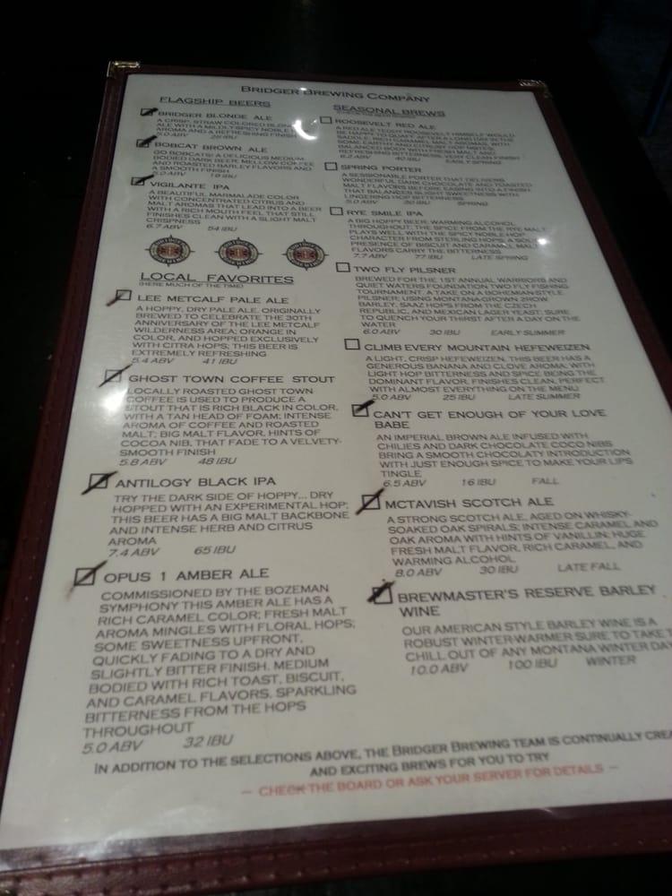 Menu at Bridger Brewing pizzeria, Bozeman