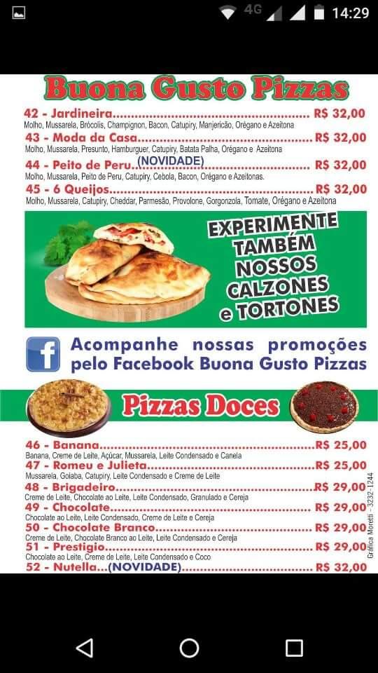 Menu at Buona Gusto Pizzas pizzeria, Bauru
