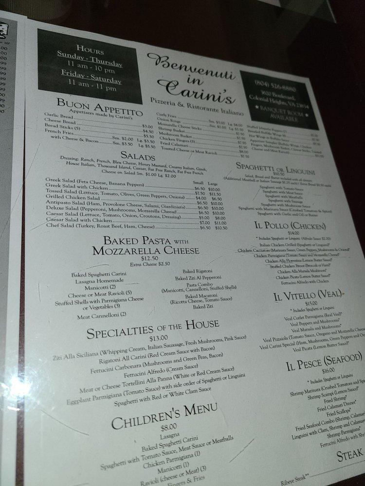 Menu at Carini's Italian Restaurant & Pizza, Colonial Heights