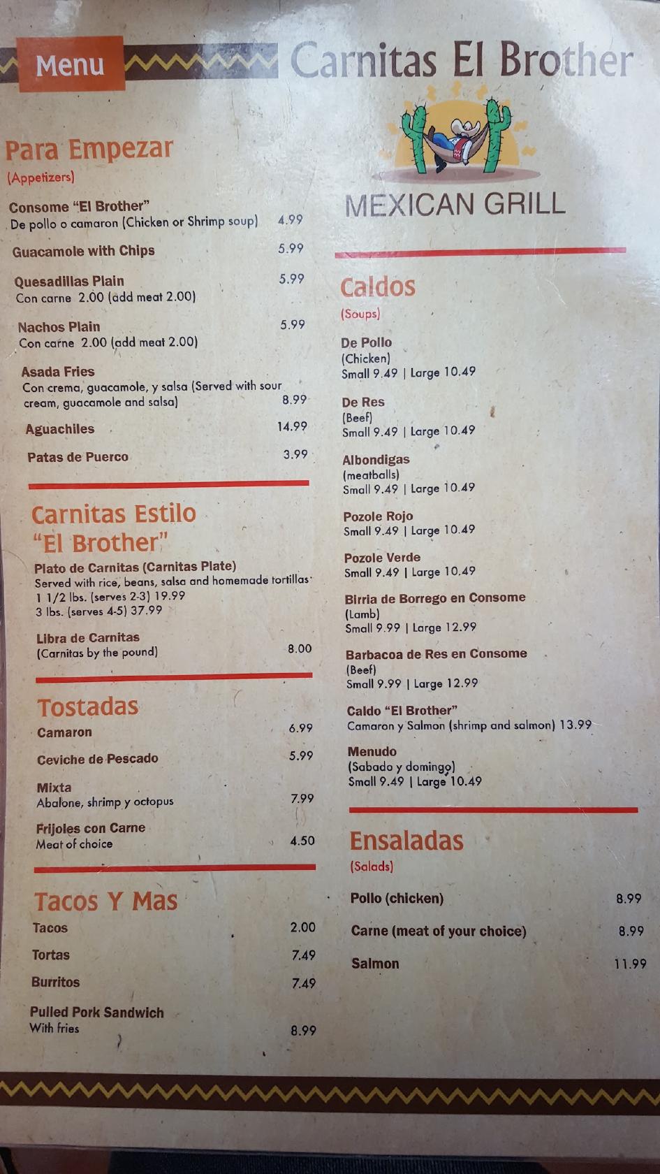 Menu at Carnitas El Brother restaurant, Port Hueneme
